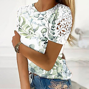 Ceboyel Womens 2023 Guipure Lace Trim Blouses Summer Casual Tops Shirts Short Sleeve Floral Tunic Dressy Trendy Ladies Clothes Blouse