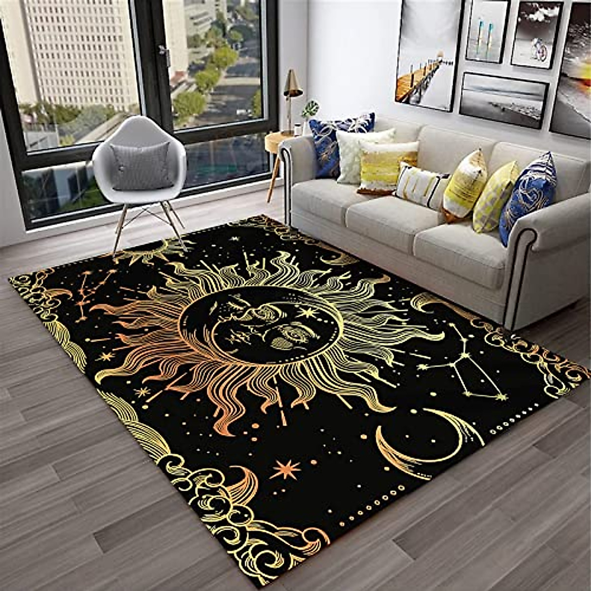 LGGQQW Sun and Moon Area Rug Psychedelic Gold and Black Rug Popular Mystic Carpet for Home Decor