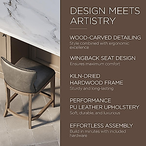 Maven Lane Hugo 26 Inch High Counter Height Barstool with Low Back in Reclaimed Oak Finish with Ronan Stone Vegan Leather Upholstered Seat