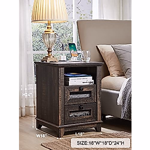 OKD Nightstand with Charging Station, 18'' Industrial & Farmhouse End Table with 2 Drawers & Open Cubby, Rustic Mesh Drawer Sofa Side Table w/Storage for Bedroom, Living Room, Office, Dark Rustic Oak