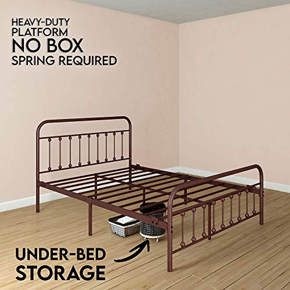AMBEE21 Vintage Queen Metal Bed Frame with Headboard and Footboard Platform/Wrought Iron/Heavy Duty/Solid Sturdy Metal Slat/Rustic Brown/No Box Spring Needed/Industrial & Farmhouse