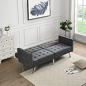 75"Convertible Folding Futon Sofa Bed,Split Back Design,Modern Fabric Sleeper Couch Bed with Armrest and Chrome Legs,Upholstered Recliner Loveseat for Living Room Apartment Dorms Office (Dark Grey)