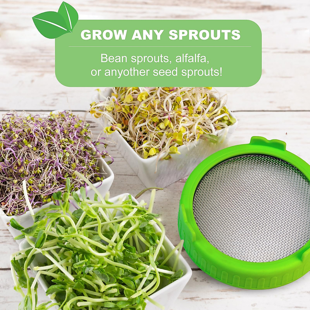 3 Pcs Sprouting Lids, Sprouting Lids for Mason Jars, Mason Jar Strainer Lid with 316 Stainless Steel Mesh, Sprouts Growing Kit for Alfalfa & Mung Bean Broccoli