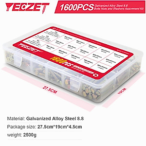 YEEZET 1600PCS M4 M5 M6 Grade 8.8 Heavy Duty Bolts and Nuts Flat & Lock Washers Assortment Kit Includes 15 Most Common Sizes