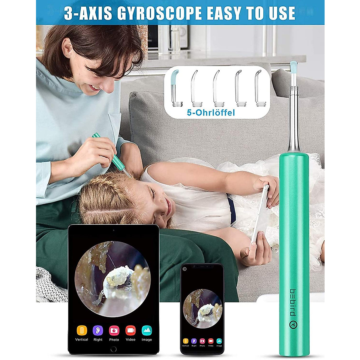BEBIRD C3 Ear Wax Removal Tool with Ear Camera, Ear Cleaner with 1080P HD Otoscope, 6 LED Light and 4pcs Ear Scoops Replacement Cleaning Kit, Earwax Camera for iOS and Android, Green