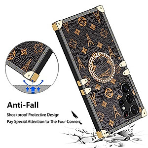 WOLLONY for Galaxy S22 Ultra Square Leather Case with Kickstand Ring Stand Holder Luxury Retro Case for Women Girls Metal Edges Shockproof Protective Cover for Samsung Galaxy S22 Ultra 6.8'' Brown