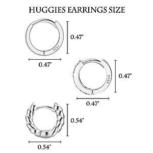 JASSEWRLY 3 Pairs 925 Sterling Silver Small Huggie Hoop Earrings for Women, Hypoallergenic Cubic Zirconia Hoops Huggie Earrings, Twisted Silver Mini Hoop Earrings Cuff Earring for Girls