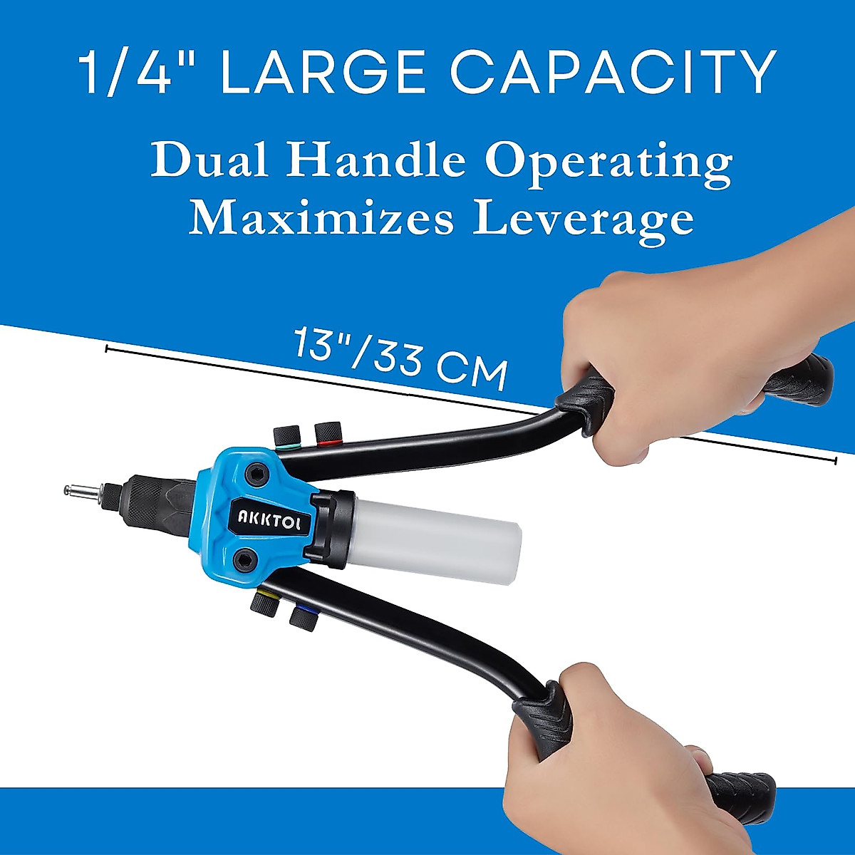 AKKTOL Rivet Gun Kit, 1/4" Pop Rivet Gun Kit with 210 Blind Rivets, Heavy Duty 13" Full Metal Rivet Gun Tool with 5 Nosepieces incl. 1/4", 3/16", 5/32", 1/8", and 3/32" for Metal, Gutter & Automotive
