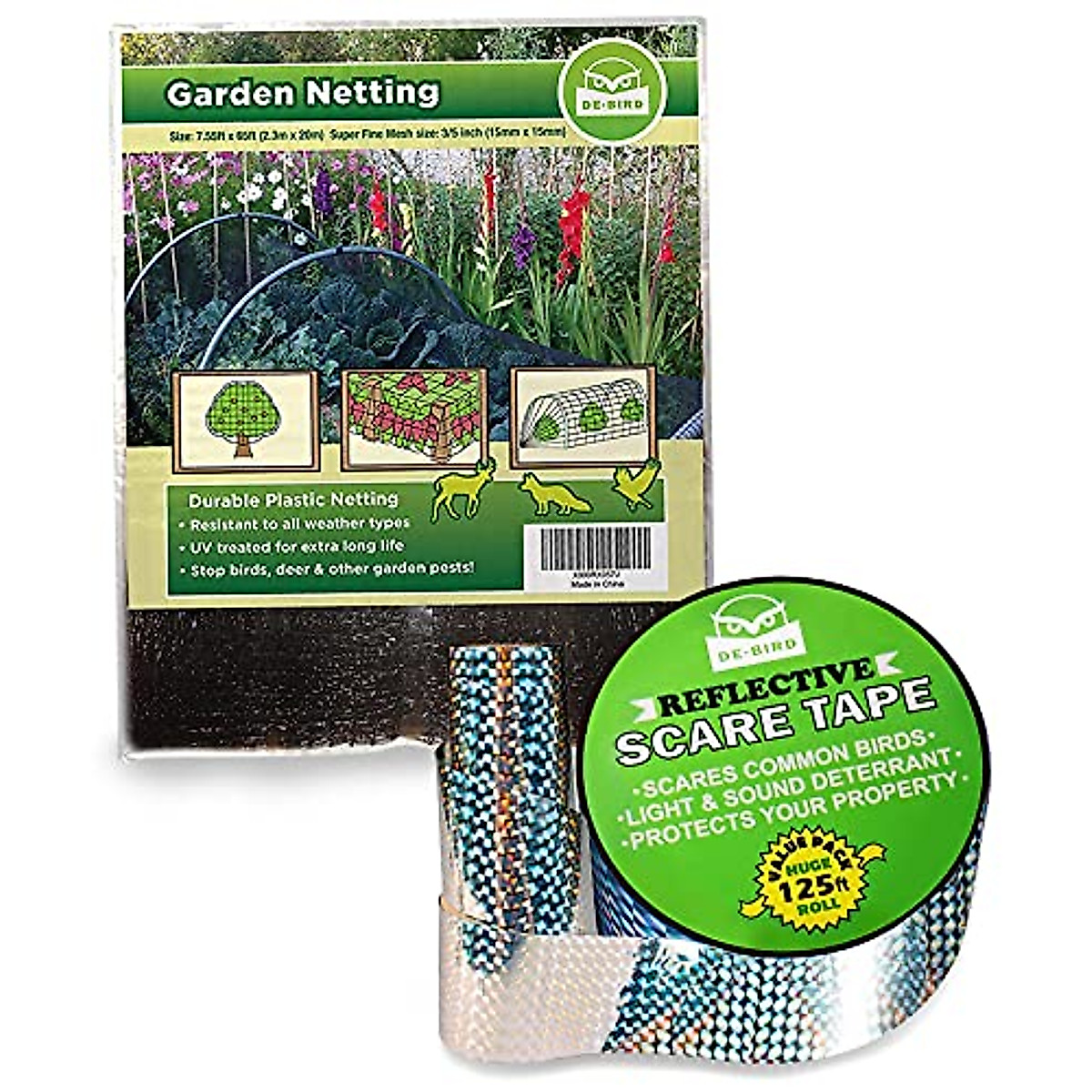 De-Bird Bundle Includes: Scare Tape - Reflective Tape and Heavy Duty Bird Netting to Keep Away Woodpecker, Pigeon, and Protect Plants & Fruit Trees