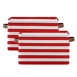 Kigai 2 Pack Foldable Storage Basket Red & White Stripes Foldable Storage Bins for Organizing Shelf Nursery Closet Organizers with Handle Toy Fabric Baskets for Home/Office