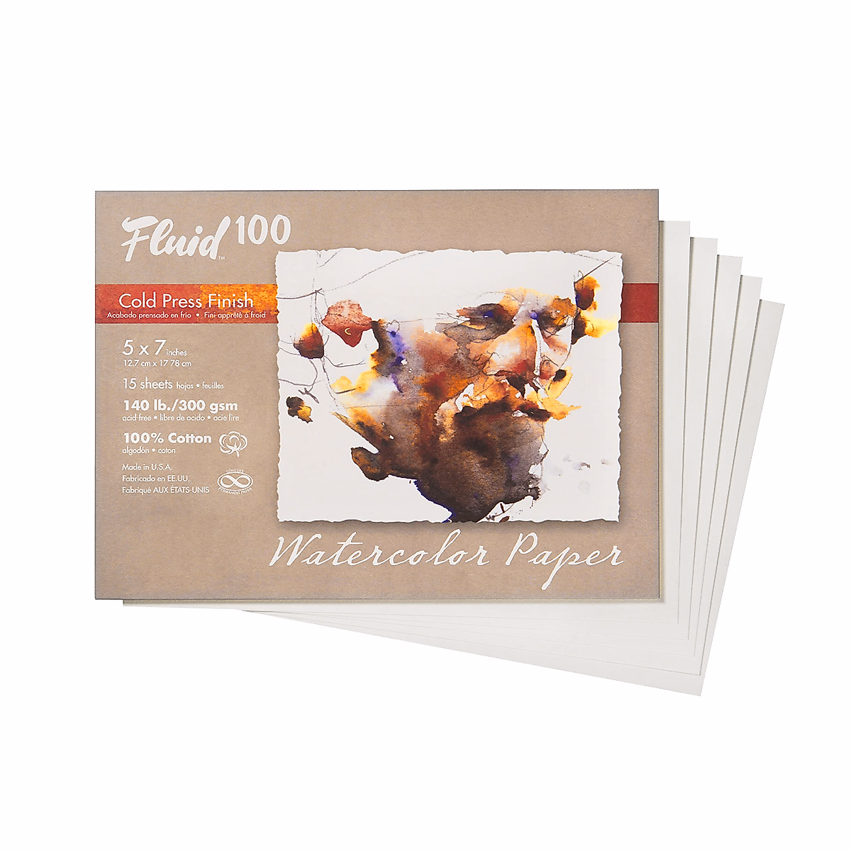 Fluid 100 Artist Watercolor Paper, 140 lb (300 GSM) 100% Cotton Cold Press for Watercolor Painting and Wet Media, 5 x 7 Pochette, 12 Sheets