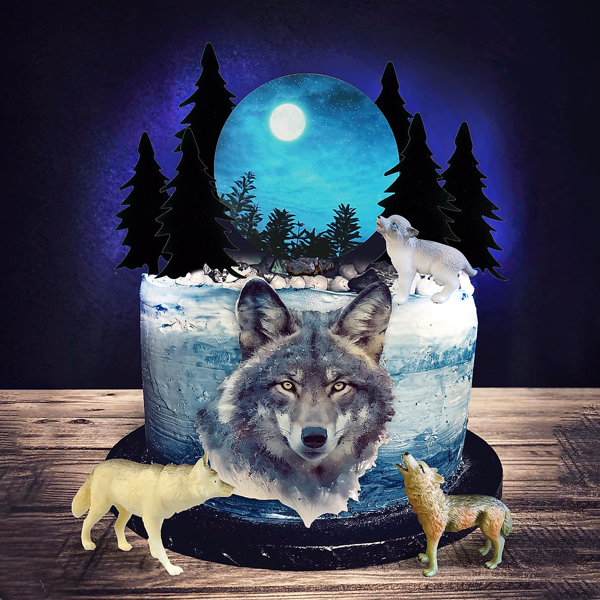 13 PCS Wolf Cake Topper Full Moon Cake Decor with Animal Figurine for Baby Shower Wolf Themed Wedding Birthday Party Supplies (Gray)