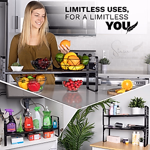 Expandable Kitchen Cabinet Shelf Organizers - Adjustable Height & Width Shelf Riser - Stackable Shelves - Pantry Shelf Organizer Rack - Cupboard Cabinet Storage Shelf Rack - Countertop Organizer