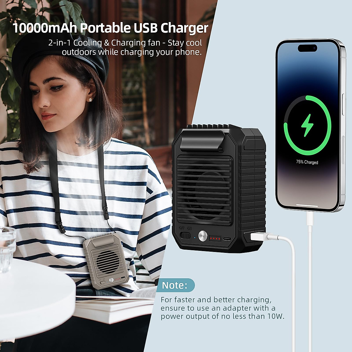 CIVPOWER Portable Waist Clip Fan, 10000mAh Battery Personal Hands-free Belt Fan, 3 Speeds, Body Fan for Outdoor Works, Farm, Hiking, Camping, Gardening, Travel