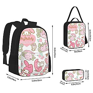 ORPJXIO Backpack 3 Piece Set Kuromi Anime My Melody School Bag Pencil Case Lunch Bag Combination For Travel Work Camping School