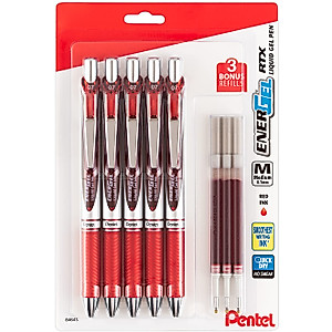 Pentel EnerGel Liquid Gel Ink Pens 0.7 mm - Pack of 5 Red Deluxe RTX Energel Pens with 3 Refills