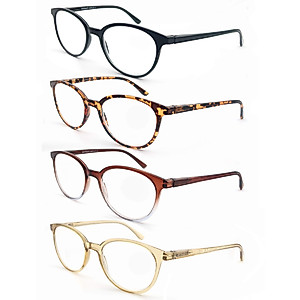 MODFANS Women Reading Glasses 4Pack Large Round Frame Readers Spring Hinges with 4 Pouch