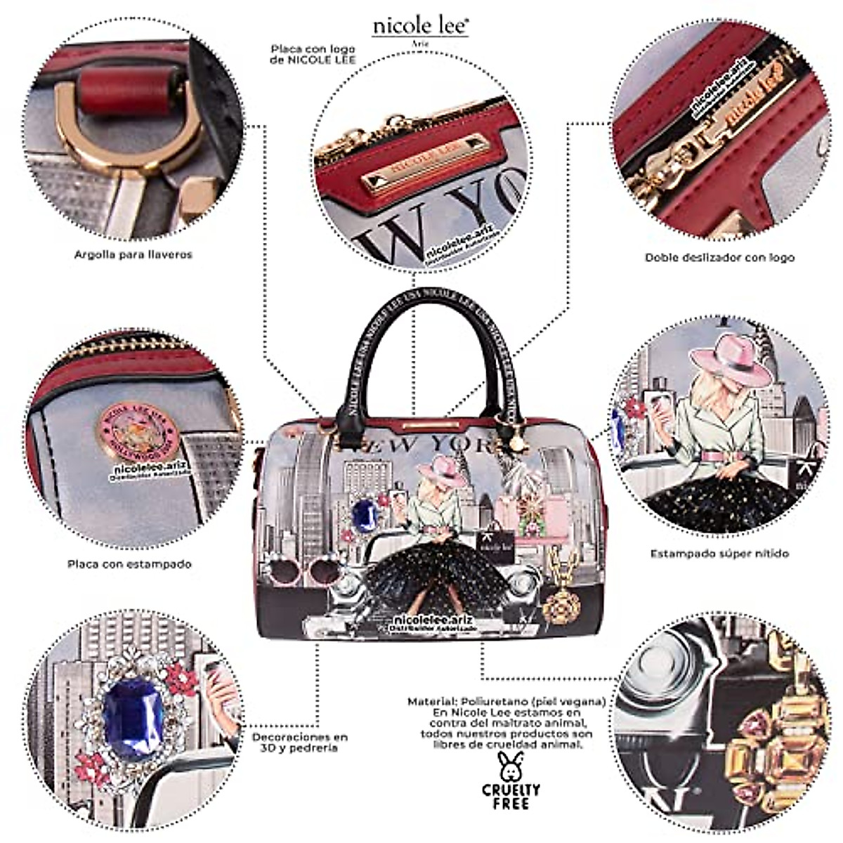 Nicole Lee Success in New York Medium Boston Bag, Embellished NYC City Vegan Leather Doctor Bag with Optional Crossbody Strap