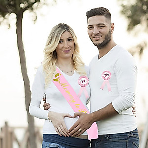 CoolerthingsDG, 3pcs, Daddy to be & Mommy to be Tinplate Badge Pink pin and one pink sash for mommy to be, with gold Letters, - Baby Shower Button New Dad Gifts Gender Reveals Party Baby Girl White and Pink Rosette Button Baby Celebration ( pink footprint