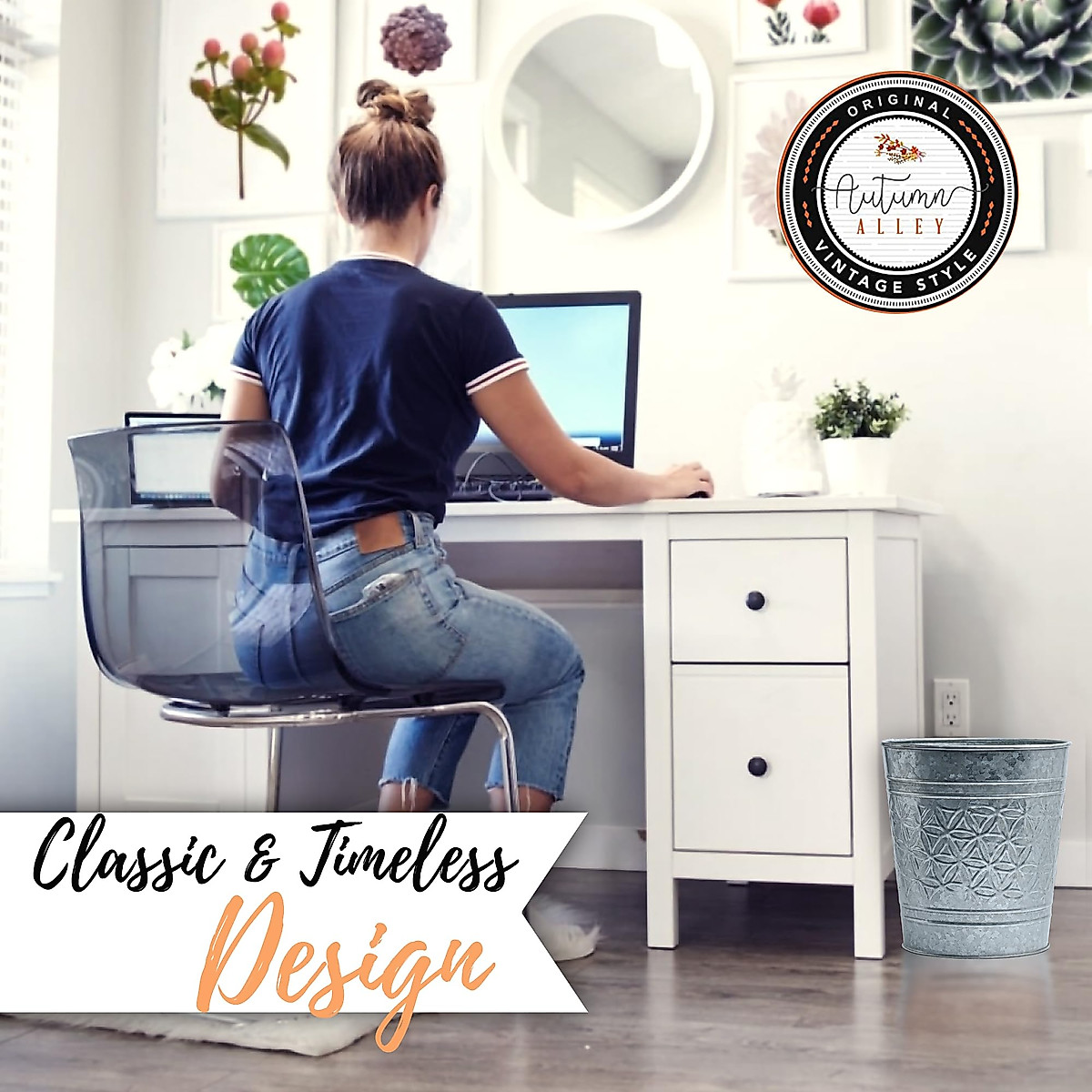 Autumn Alley Farmhouse Bathroom Trash Can, Garbage Can, Round Open Top Garbage Basket Bin for Home Office Rustic Trash Can Cute Decorative Wastebasket, Rustic Bathroom Decor, Galvanized