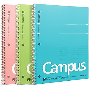 KOKUYO Spiral Notebook, 3 Pack Campus 10-1/2" x 8" Subject Notebooks with College Ruled, 80 Sheets, Pink Blue Green 3 Holes School Spiral Journal for Work Study Note Taking (WSG-SU-400G1×3)