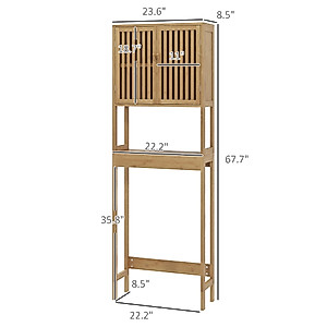 HOMCOM Bamboo Over The Toilet Storage Cabinet, Over Toilet Bathroom Organizer with Slatted Doors, Adjustable Shelf and Open Shelf, Natural