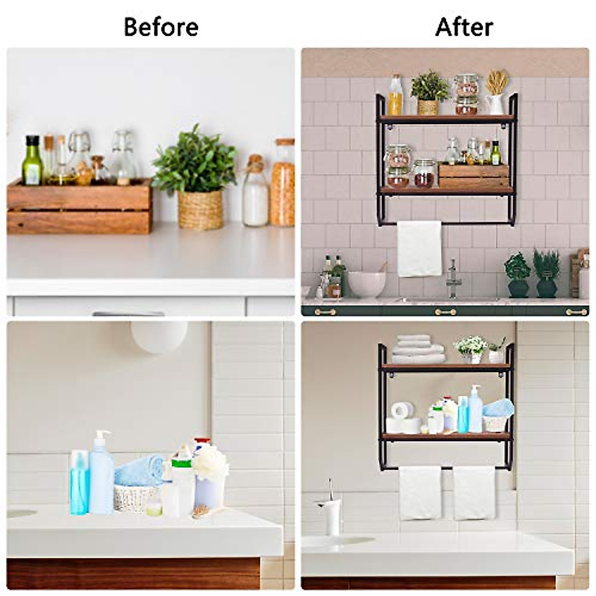 Kinsuite 2-Tier Metal Industrial Wall Mounted Bathroom Shelves Rustic Wall Storage Rack Over Toilet with Towel Bar, Floating Shelves Towel Holder