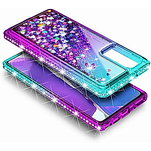 NZND Case for Samsung Galaxy A02S with Tempered Glass Screen Protector (Full Coverage), Sparkle Glitter Flowing Liquid Shiny Bling Diamond, Women Girls Cute Phone Case (Aqua/Purple)