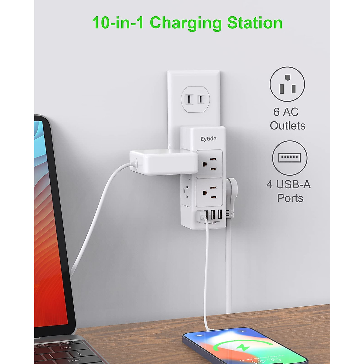 2 Prong Power Strip with Rotating Plug, EyGde Multi Plug Outlet Extender, Multiple Outlet Splitter(3 Sided 6 Sockets) and 4 USB Ports, Wall Adapter Surge Protector (1700J) for Travel, Office, White