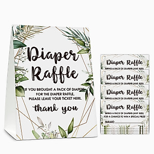 Diaper Raffle Baby Shower Game Set(1 Standing Sign + 50 Guessing Cards), Greenery Diaper Raffle Tickets for Baby Shower, Gold Foil Baby Shower Party Favor Decor - A14
