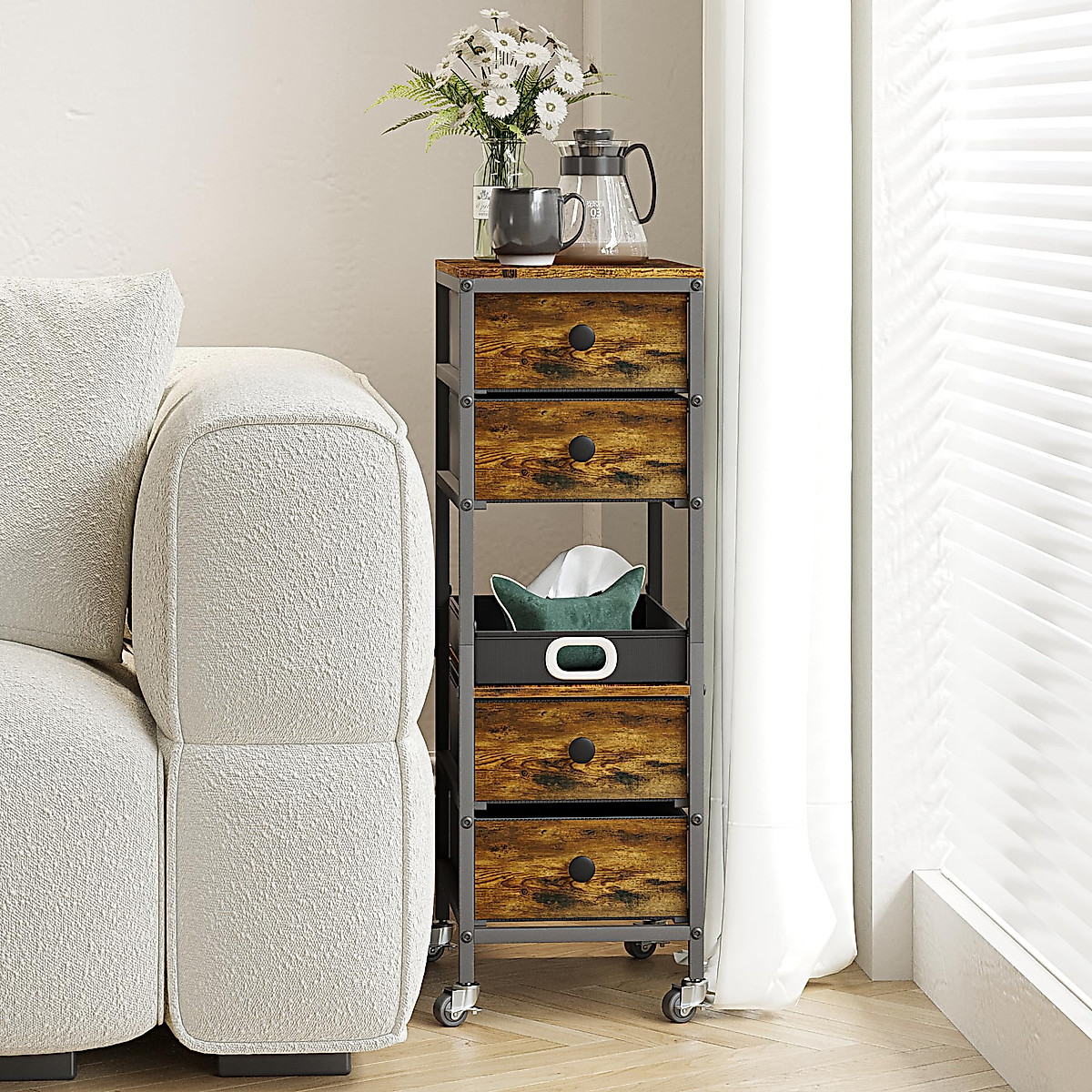 AMBIRD 4-Drawer Dresser,Fabric Dresser Storage with Drawers, Fabric Dresser Tower, Vertical Storage Drawer Units for Bedroom, Hallway, Closet, Office, Move Free with Wheels