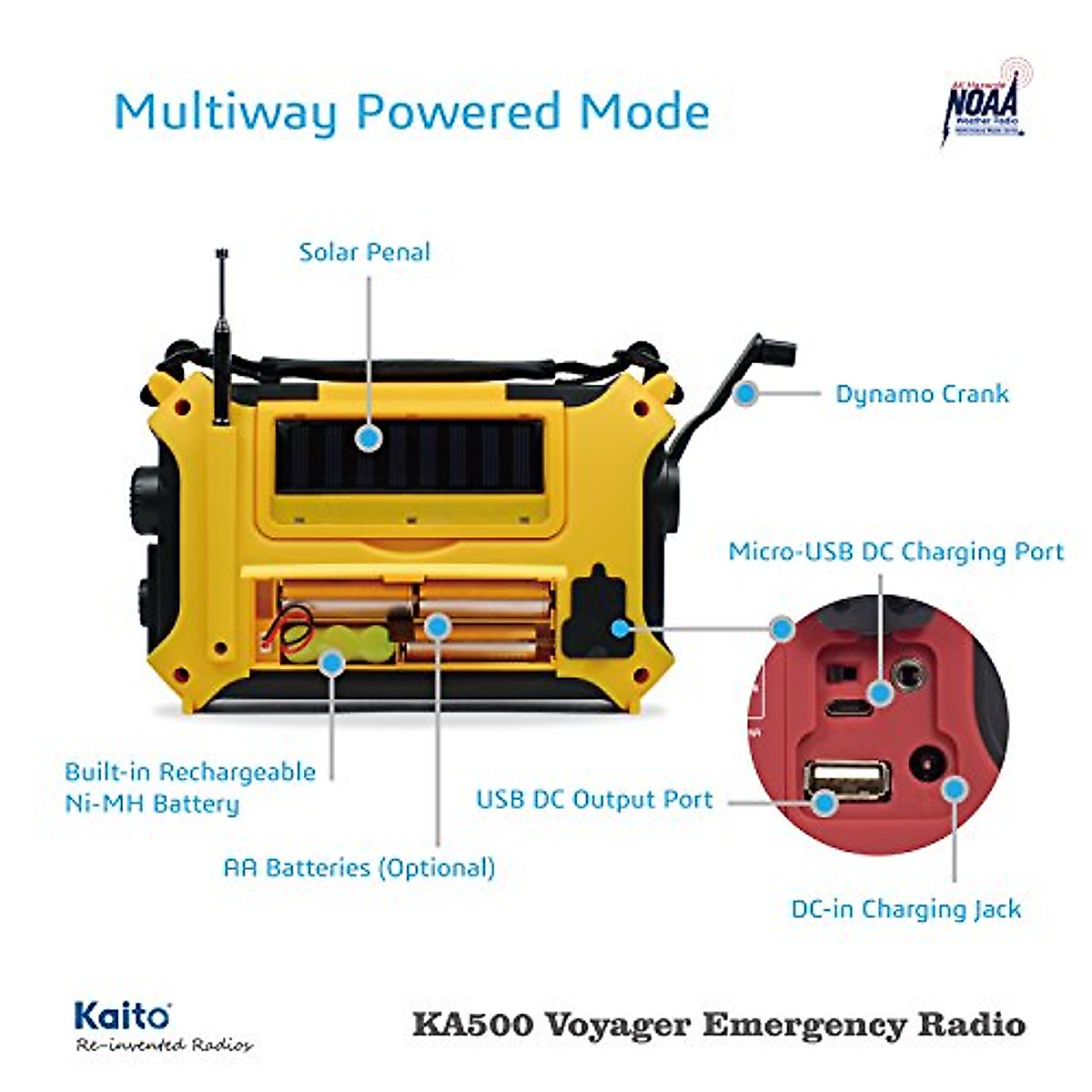 Kaito KA500 5-way Powered Solar Power,Dynamo Crank, Wind Up Emergency AM/FM/SW/NOAA Weather Alert Radio with Flashlight,Reading Lamp and Cellphone Charger, Yellow