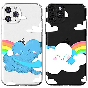 Toik Matching Couple Cases for Apple iPhone 11 Pro Xs Max Xr 10 X 8 Plus 7 6s 5s SE White Rainbow Protective Blue TPU BFFs Clear Anniversary Clouds Cute Design Hug Slim Girly Gift Relationship