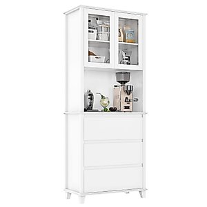FACBOTALL 76'' Kitchen Pantry Storage Cabinet, Kitchen Buffet with Hutch, Tall Hutch Cabinet with Glass Doors, Coffee Countertop and 3 Large Drawers for Dining Living Room, White