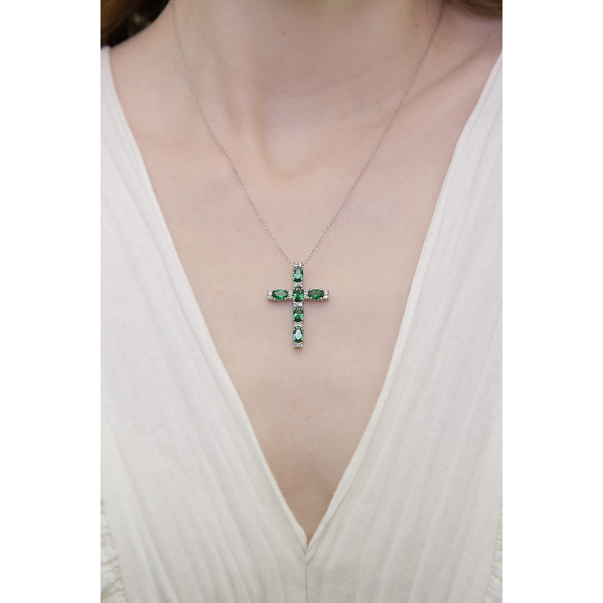 B. BRILLIANT Sterling Silver Simulated Emerald Oval-Cut Large Cross Necklace for Women
