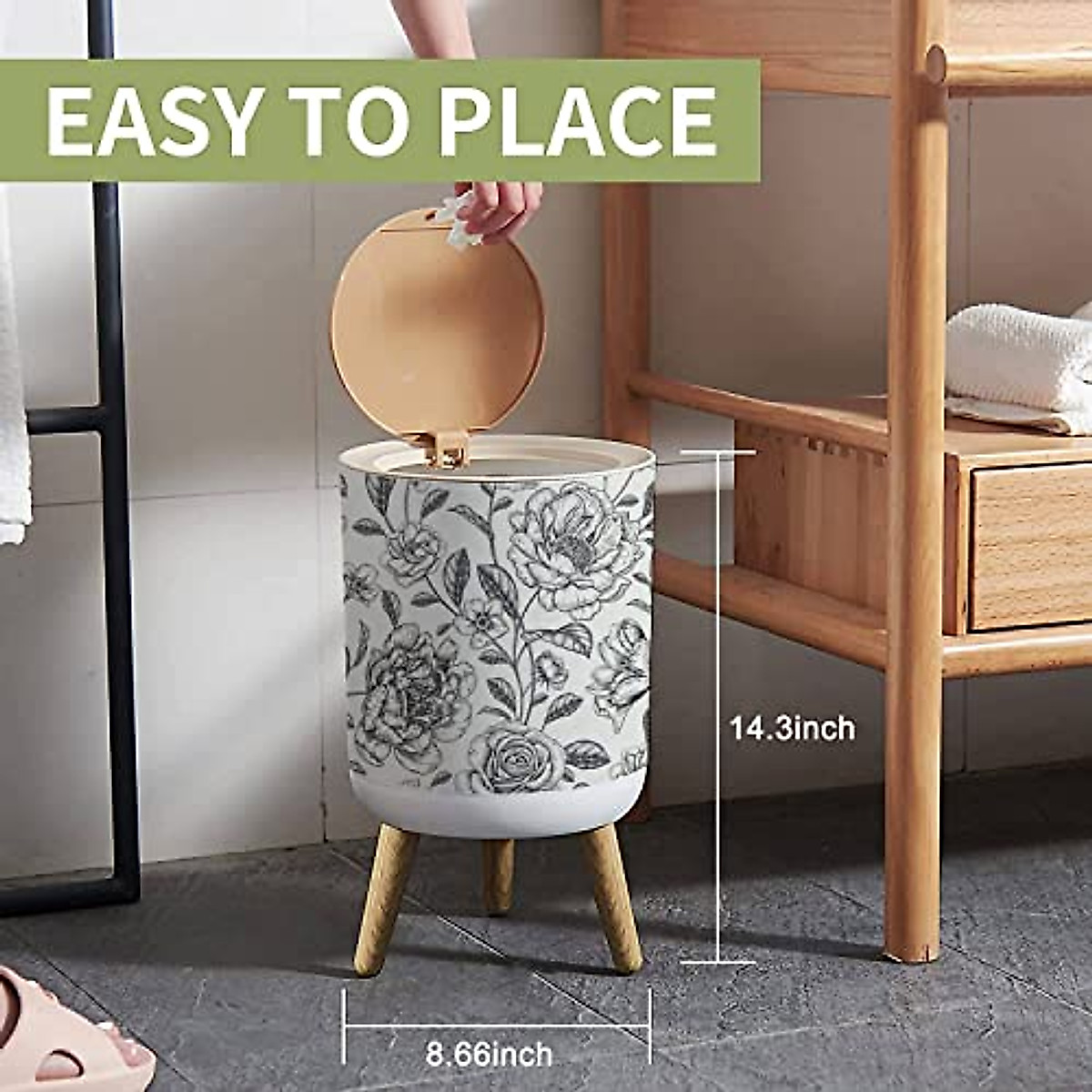 IBPNKFAZ89 Small Trash Can Lid Vintage Seamless Floral Black White Garden Flowers Roses Garbage Bin Wood Waste Bin Press Cover Round Wastebasket Bathroom Kitchen 7L/1.8 Gallon, 8.66x14.3inch