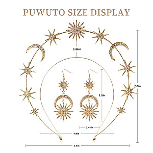 puwuto Halo Crown - Stars Crystal Goddess HeadBand with Earrings Mary Metal Halo Headpiece Celestial Crowns Tiaras for Women Bridal Wedding Costume Cosplay Party Goddess Accessories - Gold, Metal,