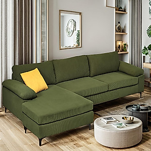 POUUIN 100" Corduroy Convertible Sectional Sofa Couches for Living Room,3 Seater L Shaped Sofa Couch with Reversible Chaise,Comfy Deep Seat Sofa for Office Apartment (Green)
