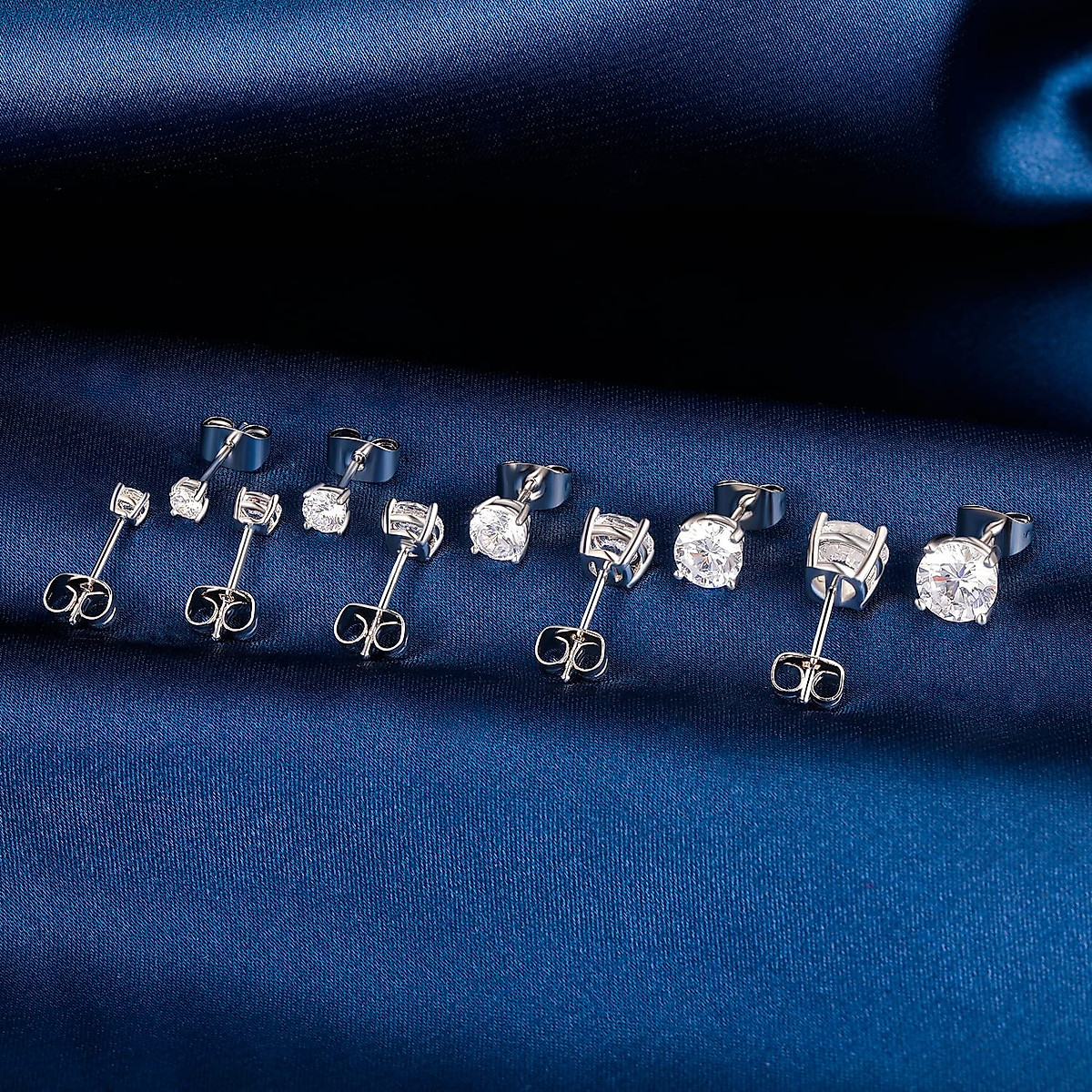 18K White Gold Plated Stud Earrings 4 Prong Round Cut Brilliant 3-7mm Cubic Zirconia Earring Studs (5 Pairs)