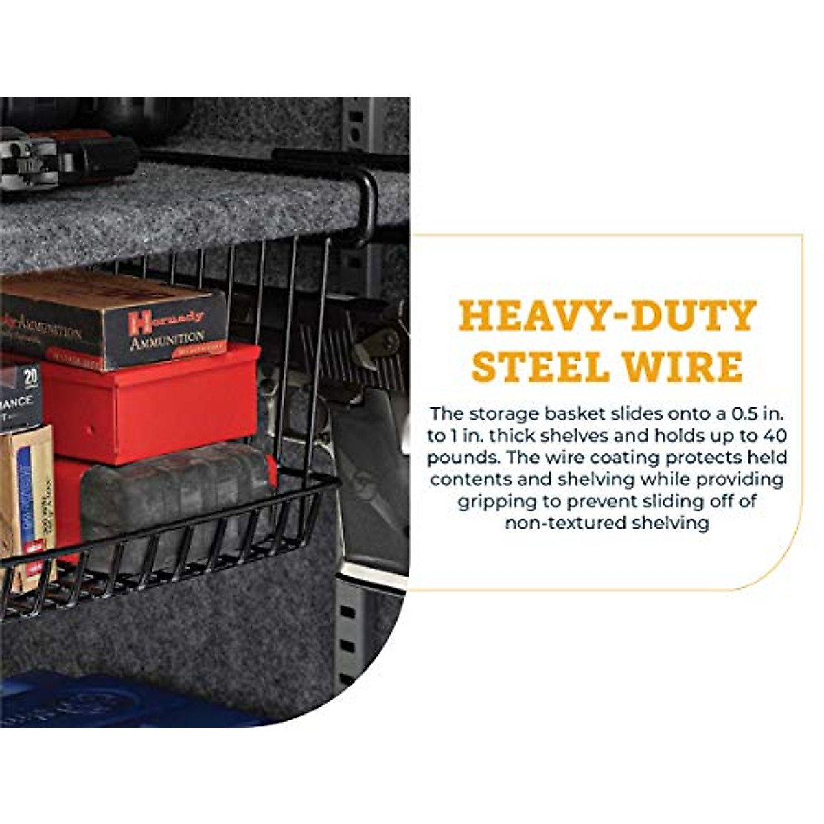 SnapSafe Hanging Shelf Large Basket, 76011 - Coated Wire Basket Maximizes Storage for Documents, Gun Accessories, & Ammo - Easy Access Under Shelf Storage for Gun Safes - Holds Up to 40 Pounds