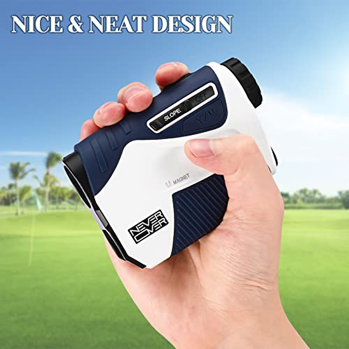 Never Over Range Finder Golfing with Vibe, Golf Range Finder with Magnet, 1200 Yard Accurate rangefinder Golf with Slope (Blue)