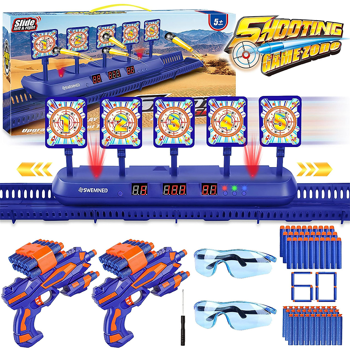 SWEMNED Running Shooting Targets for Nerf Gun Practice,Upgrade 5 Targets Auto Reset /3 Game Mode Electronic Scoring Digital Moving Target, Ideal Gift Toy for Age 6,7,8,9,10,12,13+ Year Old Kid/Boys