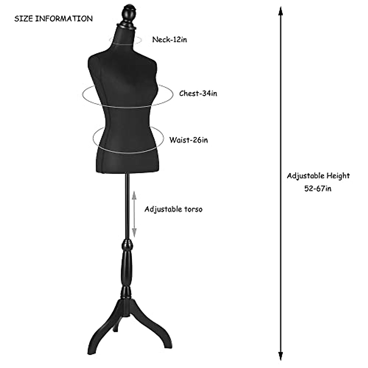 Female Dress Form Mannequin Body Torso Stand with Adjustable Height Stand Dress Form for Display or Decoration, Black