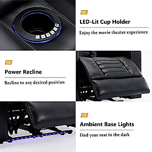 Merax Home Theater Seating,Power Motion Recliner Living Room Furniture with Adjustable Headrest Hidden Arm Storage LED Lighting, Black