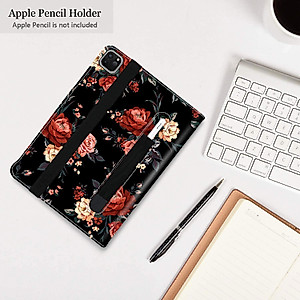 Hepix iPad Pro 12.9 Case 2022 2021 2020 2018 Rose Flower iPad 6th 5th 4th 3rd Gen with Pencil Holder, Black Floral Multi-Angle Stand Pocket Protective Leather Cover Auto Sleep Wake