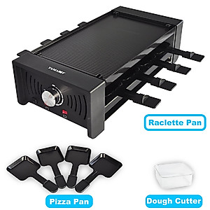 TAMARIT Raclette Party Grill Portable Indoor Electric Korean BBQ Grill 2 in 1 Raclette Table Grill with Ceramic Nonstick Coating Grill Plate 4 Pizza Pans 8 Cheese Trays Upper & Lower Heater, PFAS-Free