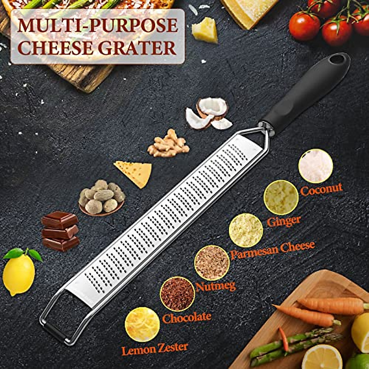 Lemon Zester & Cheese Grater – A Sharp Kitchen Tool for Parmesan, Ginger, Garlic, Nutmeg, Chocolate, Vegetables, Fruits - Stainless steel, Black