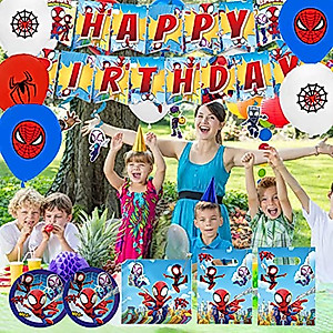 Spidery and His Amazing Heroes Friends Birthday Party Favor Decorations Supplies Included Tablecloth, Napkins, Banner, Plates, Balloons, Candy Gift Bags and Hanging Swirls for Kids Boys Girls