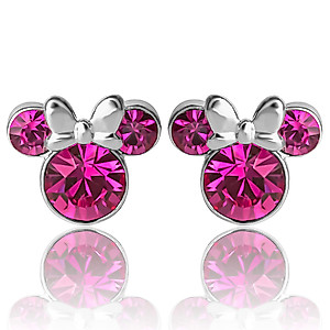 Disney Womens Minnie Mouse October Birthstone Stud Earrings - Minnie Mouse Brass Earrings - Disney Jewelry (October-Fuchsia Crystal)