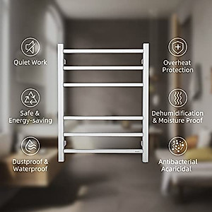 SHARNDY Towel Warmer Brushed Nickel for Bathroom Wall Mounted Bath Towel Heater Plug-in Electric Heated Towel Rack Stainless Steel Square 6 Bars Drying Rack ETW13C 68W 26.77x20.47x4.13 inches